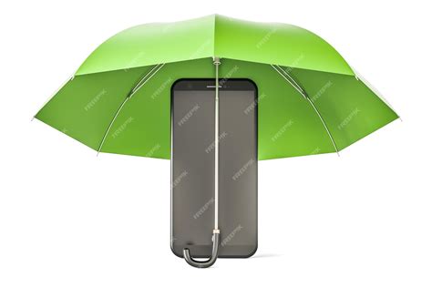 우산 아래 스마트폰 전화 보안 및 바이러스 백신 보호 개념 3d 렌더링 프리미엄 사진