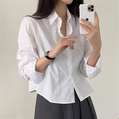 데이위드미 당일출고 오피스룩 흰 남방 핑크 이너 루즈핏 면 크롭셔츠