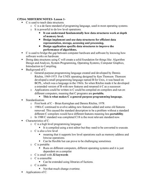 Cp264 Midterm Notes Cp264 Midterm Notes Lesson 1 C Is Used To