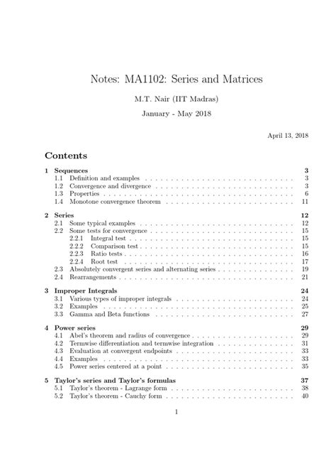 Notes On Sequences And Series Convergence Functions And Matrices Pdf Fourier Series