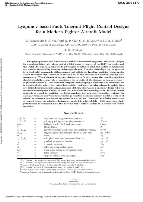 Pdf Lyapunov Based Fault Tolerant Flight Control Designs For A Modern Fighter Aircraft Model