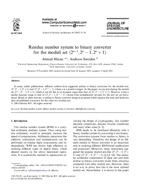 pdf residue number system to binary converter for the moduli set 2n−