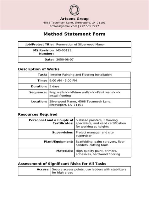 Method Statement Form Template Pdf