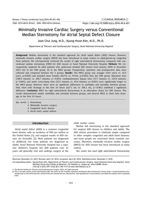 Pdf Minimally Invasive Cardiac Surgery Versus Conventional Median Sternotomy For Atrial Septal