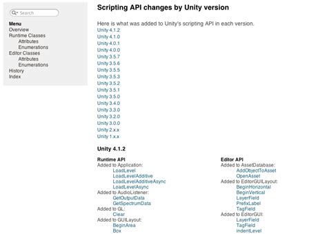 Api Version History On Unity Script Reference Guide Unity Engine