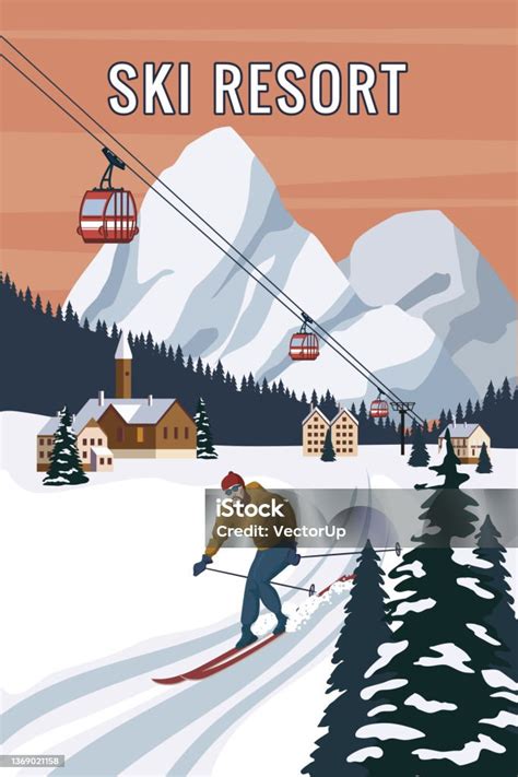 산악 스키어 빈티지 겨울 리조트 마을 알프스 스위스 눈 풍경 봉우리 붉은 곤돌라 리프트슬로프 나무 로풍 스키와 기둥 여행 복고풍 포스터 스키타기에 대한 스톡 벡터 아트 및