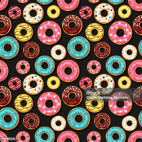 핑크 빛깔된 스프링과 흰색과 파란색 민트 도넛 레몬 초콜릿 도넛 도넛 원활한 패턴 도넛에 대한 스톡 벡터 아트 및 기타 이미지