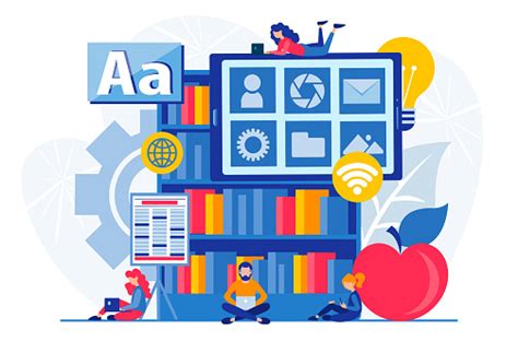 온라인 거리 학습 가정에서의 교육 전자 책 및 정보 기술 작은 사람들 학생들은 인터넷에서 공부 도서관에 대한 스톡 벡터 아트 및 기타 이미지 Istock