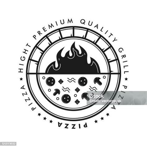 뜨거운 벽돌 오븐과 불꽃 피자 그릴 서클 배지 로고 벡터 일러스트레이션 피자에 대한 스톡 벡터 아트 및 기타 이미지 피자