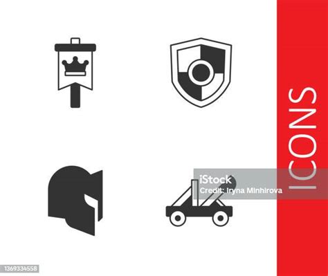 중세 투석기 깃발 헬멧 및 방패 아이콘을 설정합니다 벡터 검은색에 대한 스톡 벡터 아트 및 기타 이미지 검은색 고대의 고전갑옷 Istock