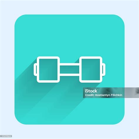 긴 그림자로 격리 된 화이트 라인 아령 아이콘 근육 리프팅 아이콘 피트니스 바벨 체육관 스포츠 장비 운동 범벨 녹색 정사각형
