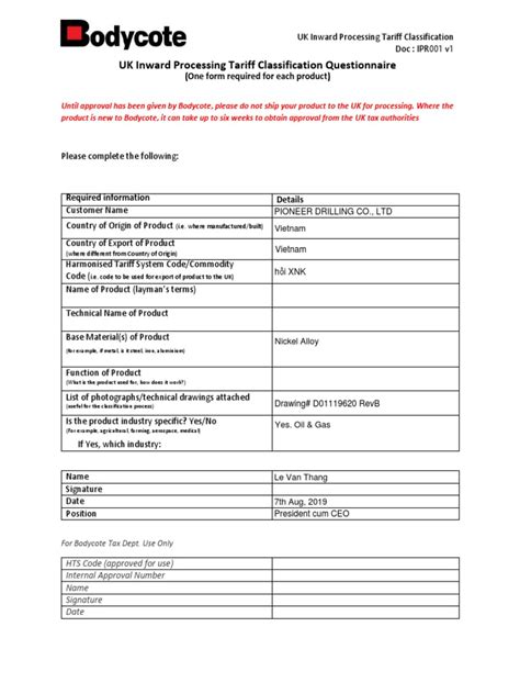 Ipr Tariff Classification Questionnaire Ipr001 V1 Pdf