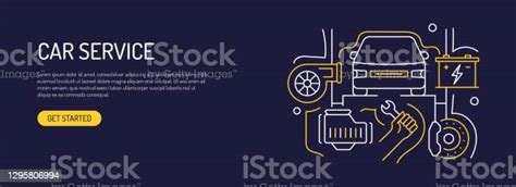 자동차 수리 서비스 관련 웹 배너 라인 스타일 웹 배너 웹 사이트 헤더 등에 대한 현대적인 디자인 벡터 일러스트레이션 자동차 수리 공장에 대한 스톡 벡터 아트 및 기타