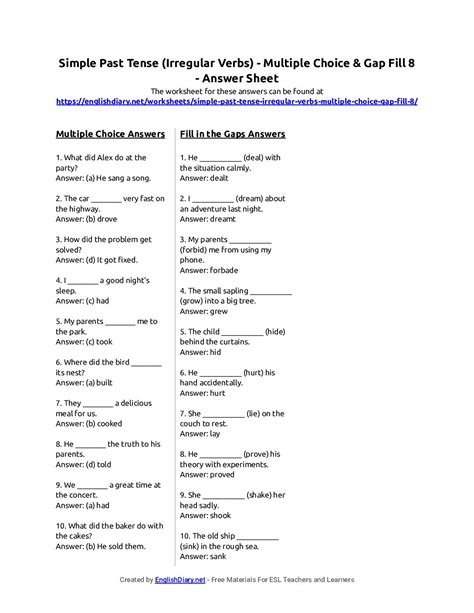 English Grammar Practice And Worksheets Simple Past Tense Irregular