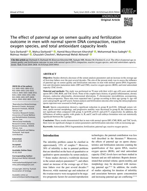 Pdf The Effect Of Paternal Age On Semen Quality And Fertilization Outcome In Men With Normal