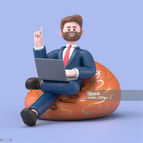 자주색 콩 가방 안락 의자에 노트북을 들고 웃는 수염을 가진 미국 사업가 밥의 3d 그림 파란색 배경에 3d 렌더링 입체 이미지에 대한 스톡 사진 및 기타 이미지 Istock