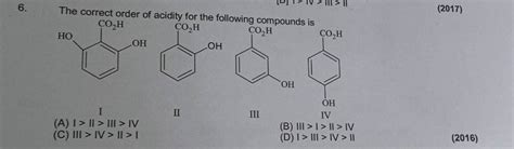 6 The Correct Order Of Acidity For The Following Compounds Is 2017 A