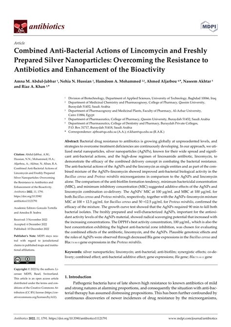 Pdf Combined Anti Bacterial Actions Of Lincomycin And Freshly