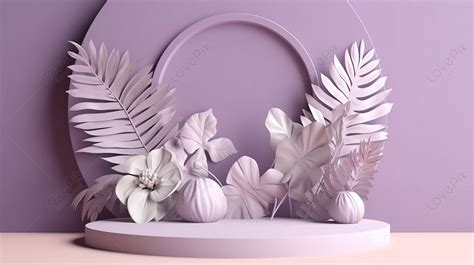 3d 렌더링된 파스텔 보라색 연단 디스플레이생동감 넘치는 주변 배경 흰색 꽃 및 야자수 잎 포함 연단 배경 주변 배경 잎 배경 이미지 Hd 연단 주변 잎
