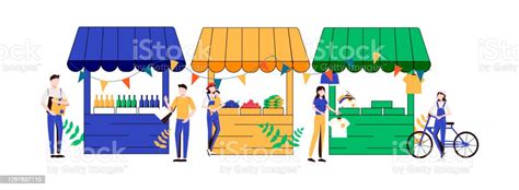 만화 남자와 여자는 야외 시장 벡터 평면 일러스트에서 시간을 보내고 백인 배경에 고립 된 노점이나 키오스크 사이를 걷는 물건을 찾고 구매하거나 음식을 사는 사람들의 군중