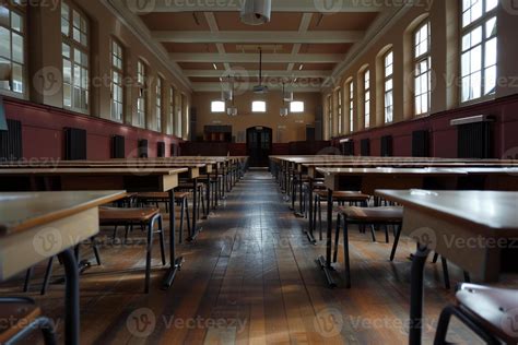 A Large Empty Classroom With Rows Of Desks And Chairs 55945072 Stock