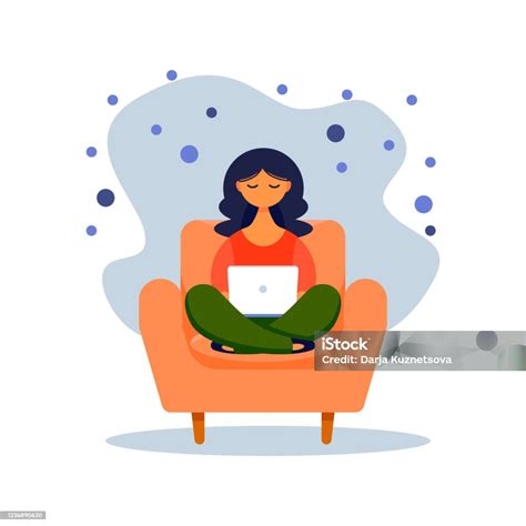 의자에 앉아 노트북을 가진 여자 프리랜서 공부 온라인 교육 온라인 쇼핑 집에서 일하는 개념 그림 평면 만화 스타일의 벡터 일러스트레이션입니다 가정 생활에 대한 스톡 벡터
