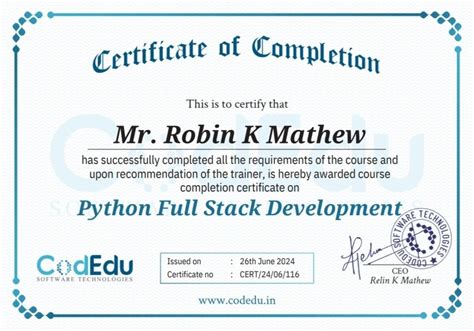 Successfully Completed Python Full Stack Development Codedu Software