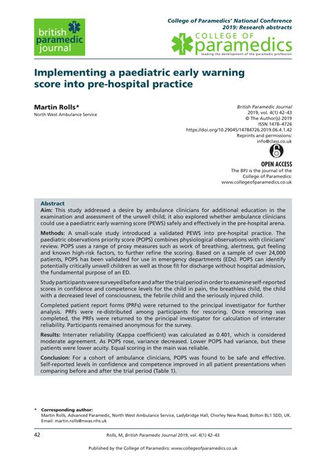 Pdf Implementing A Paediatric Early Warning Score Into Pre Hospital Practice