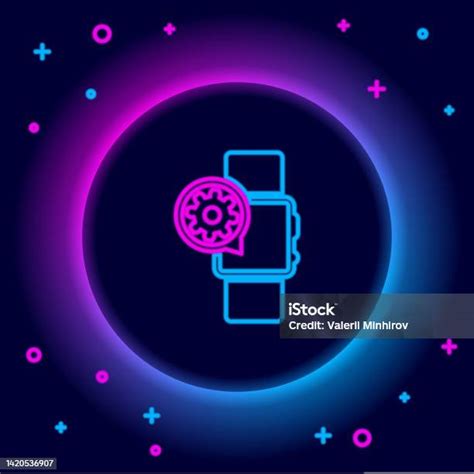 검은 색 배경에 고립 된 빛나는 네온 라인 스마트 워치와 기어 아이콘 앱 서비스 개념 설정 옵션 유지 보수 수리 수정 을