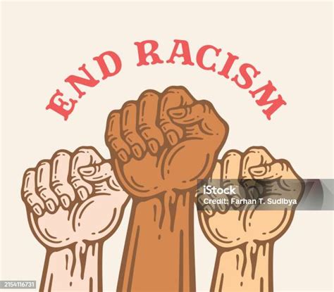 다른 피부색 활동가가 주먹을 휘두르고 인종 차별을 끝내라는 슬로건을 내걸고 있습니다 추상 인종 차별 반대 파업 또는 기타 항의 라벨 Revolution에 대한 스톡 벡터