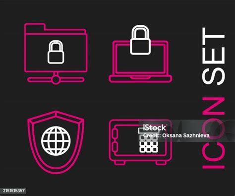 Set Line Safe Shield With World Globe Laptop And Lock And Ftp Folder Icon Vector Stock