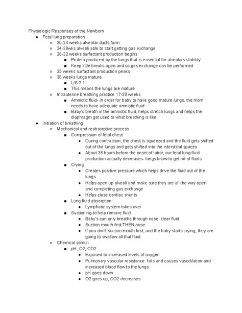 Ob Class 10 Lecture Notes Physiologic Responses Of The Newborn
