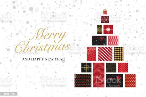 검은 색과 빨간색 선물과 비행 눈송이로 만든 크리스마스 트리 크리스마스 인사말 카드 크리스마스에 대한 스톡 사진 및 기타 이미지 크리스마스 개체 그룹 검은색 Istock