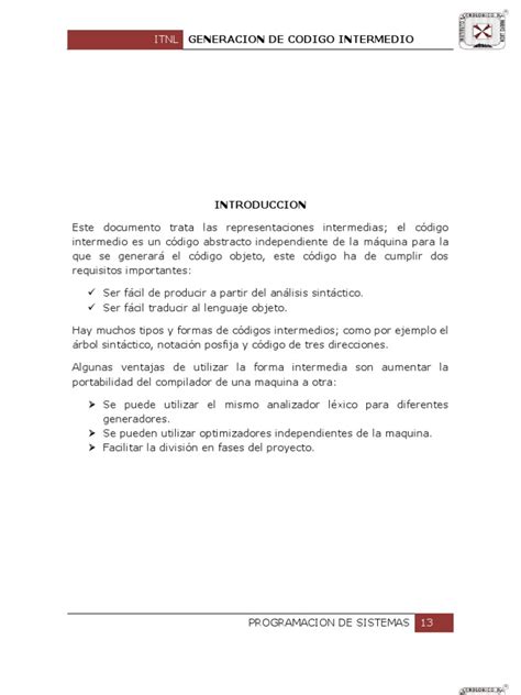 Generacion De Codigo Intermedio Entregar Pdf Compilador