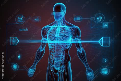 Digital X Ray Human Body Holographic Scan Projection On Dark Blue