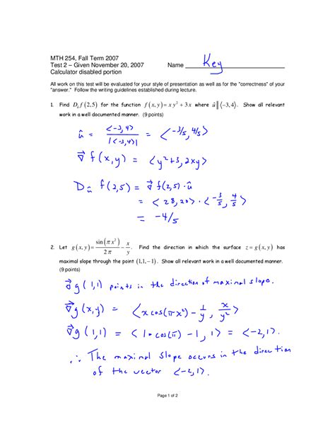 Exam 2 With Solution Key Vector Calculus I Mth 254 Docsity