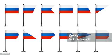 검은 강철 기둥에 현실적인 다양한 러시아 테이블 플래그 러시아에서 기념품 종이 또는 천으로 만든 책상 깃발 반짝이는 금속 스탠드 홍보 및 광고를위한 모형 벡터 그림 공란에