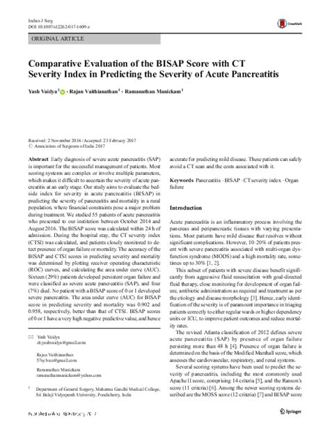 Pdf Comparative Evaluation Of The Bisap Score With Ct Severity Index In Predicting The