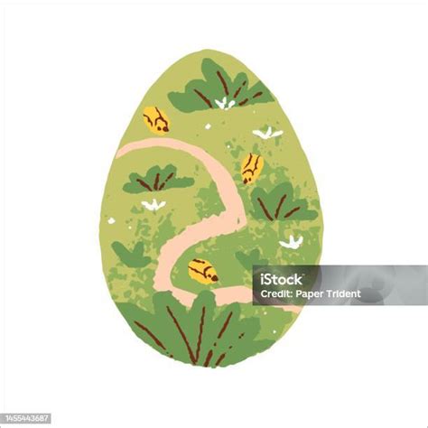 풀밭에 닭고기의 달걀 모양 그림입니다 잔디밭 봄 자연에서 귀여운 병아리와 함께 부활절 그림 종교 휴일 장식입니다 흰색 배경에