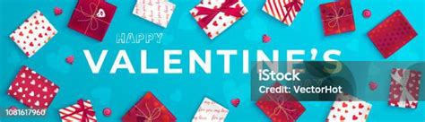 해피 발렌타인의 날 인사말 배너입니다 선물에 최고 보기 다른 포장 심 혼의 형태로 사탕 상자 벡터 웹 일러스트 레이 션 갈란드 장식품에 대한 스톡 벡터 아트 및 기타 이미지