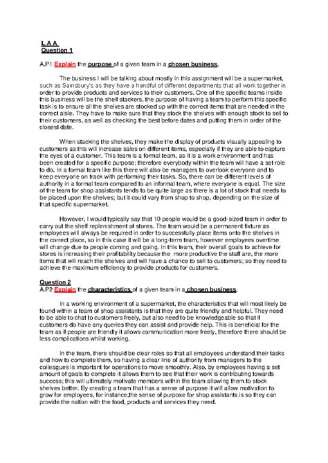 Unit 9 Team Building Assignment 2 ‘l A ‘question 1 A Explain The Purpose Of A Given Team In A