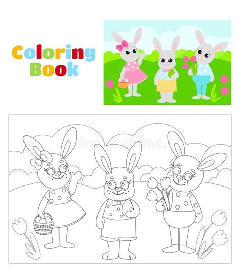 Coloring Page Greeting Easter Card Easter Bunnies Are Standing In The