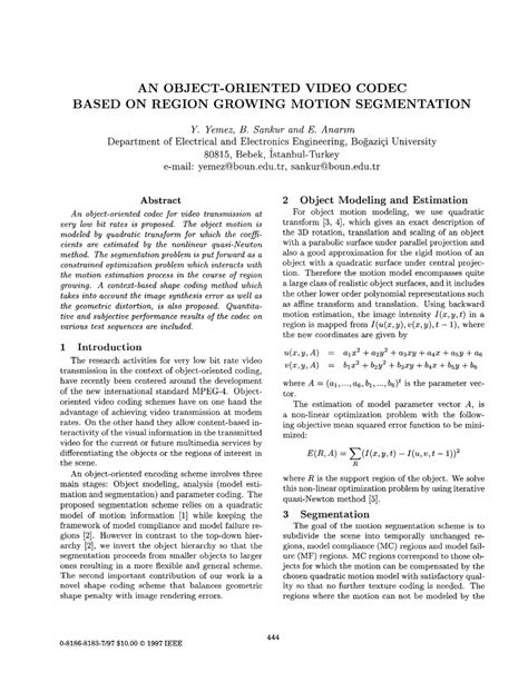 Pdf An Object Oriented Video Codec Based On Region Growing Motionsegmentation