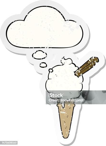 고민 된 낡은 스티커로 생각 거품이있는 만화 아이스크림 귀여운에 대한 스톡 벡터 아트 및 기타 이미지 귀여운 그런지 이미지 기법 기포 Istock