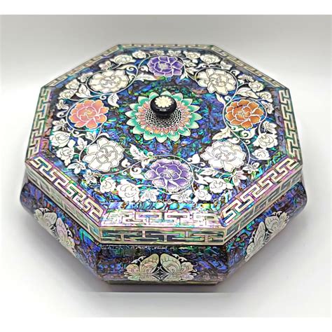 나전칠기 자개 청패 팔각 꼭지 목단 다용도 캔디볼함 외국인 선물 박인호 작품 한국민예사