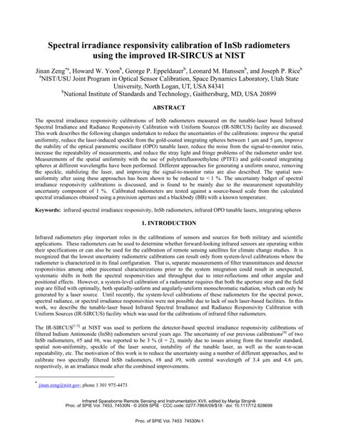 Pdf Spectral Irradiance Responsivity Calibration Of Insb Radiometers Using The Improved Ir