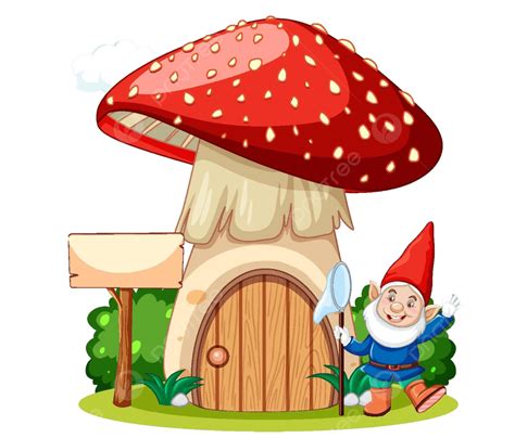 Cartoonstyle Mushroom House With Gnomes On A White Background Vector Nature Scene Style Png
