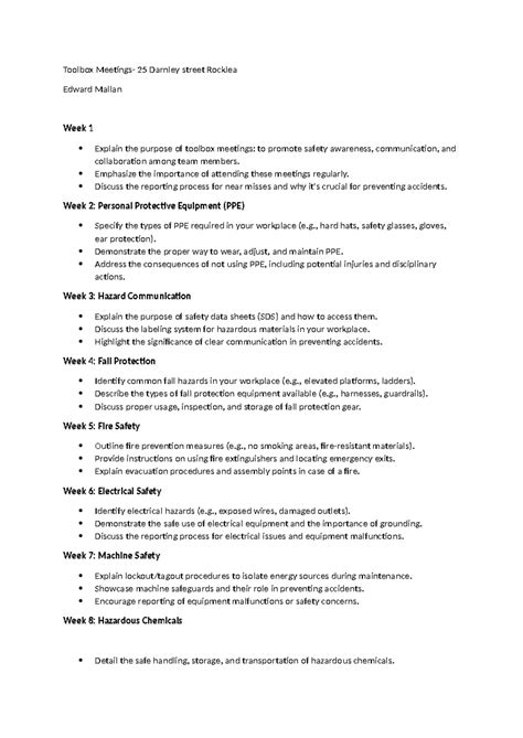 Toolbox Meeting Topics Toolbox Meetings 25 Darnley Street Rocklea Edward Mallan Week 1
