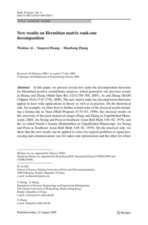 Pdf New Results On Hermitian Matrix Rank One Decomposition
