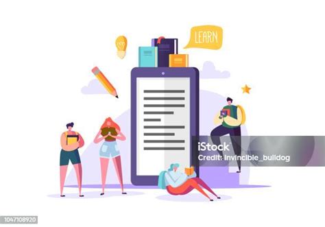 온라인 교육 개념입니다 평평한 사람들이 읽는 책과 E학습입니다 졸업 대학 캐릭터입니다 교육 과정 세미나 학생입니다 벡터 일러스트 레이 션 전자 학습에 대한 스톡 벡터 아트